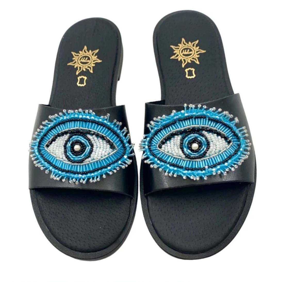 Black Evil Eye Sandals Leather Evil Eye Slippers Evil Eye - Etsy