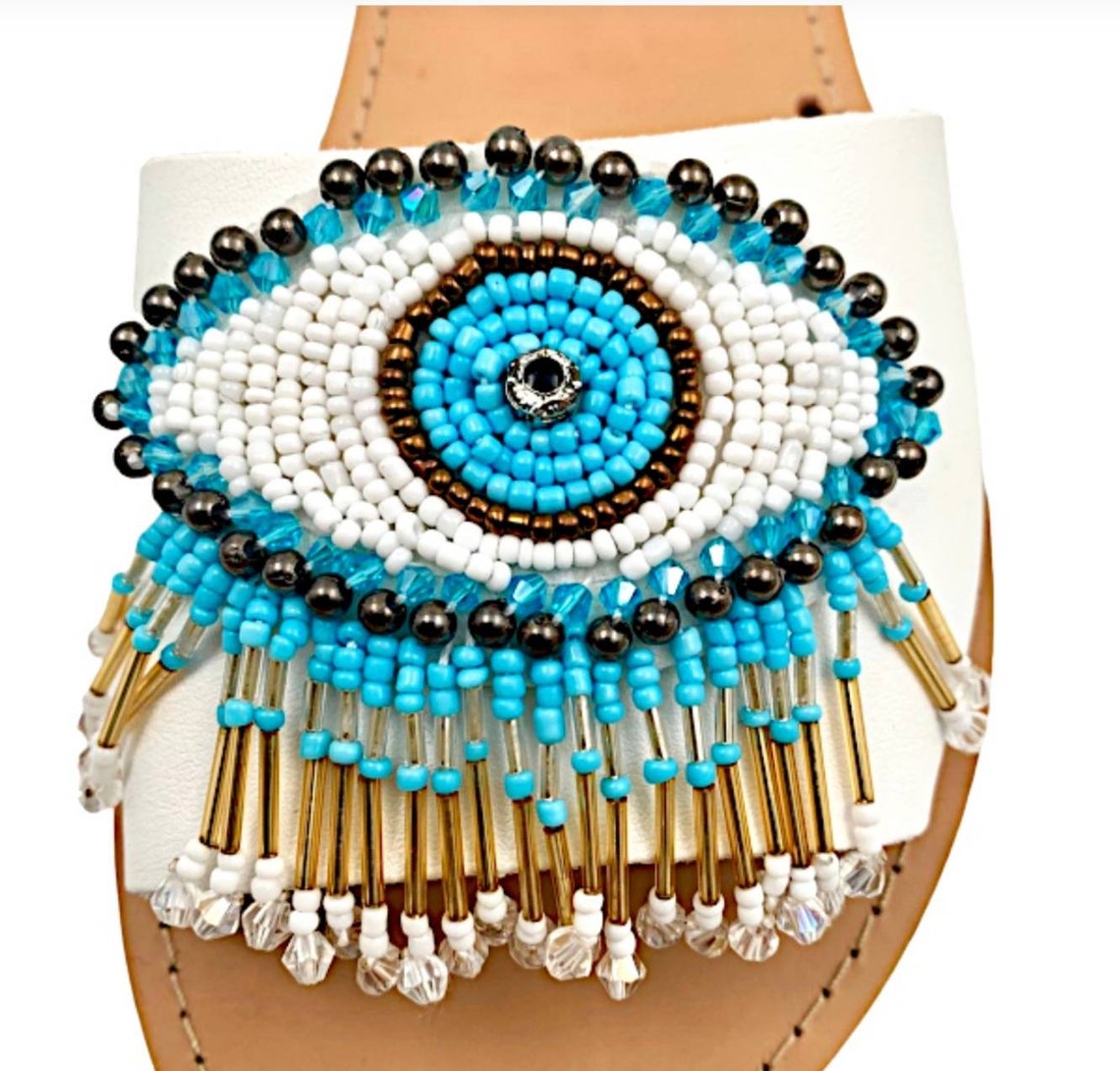 Evil Eye Sandals Beaded Eye Sandals Fringed Evil Eye Flats - Etsy