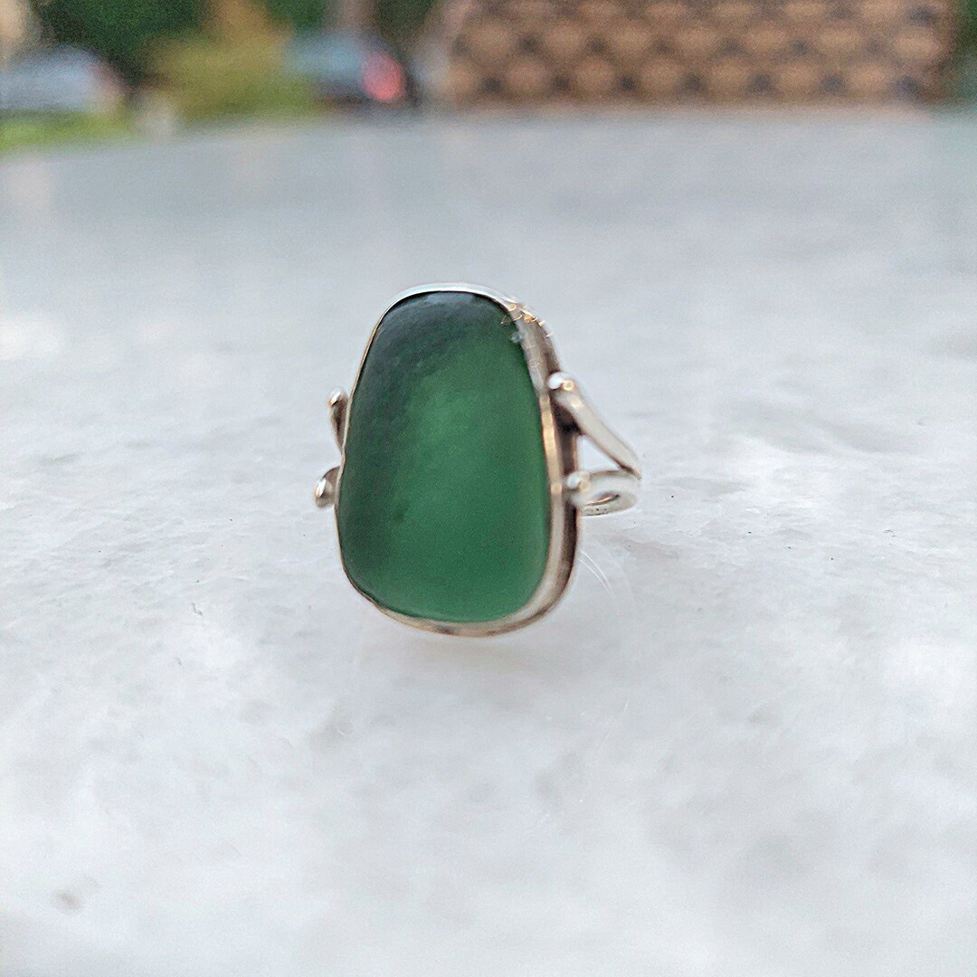 Sea Glass Ring, Green Stone Ring, Sterling Silver Glass Ring, Recycled ...