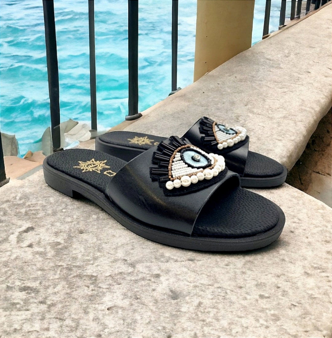 Black Evil Eye Sandals Leather Evil Eye Slipon Sandals Embellished Eye ...