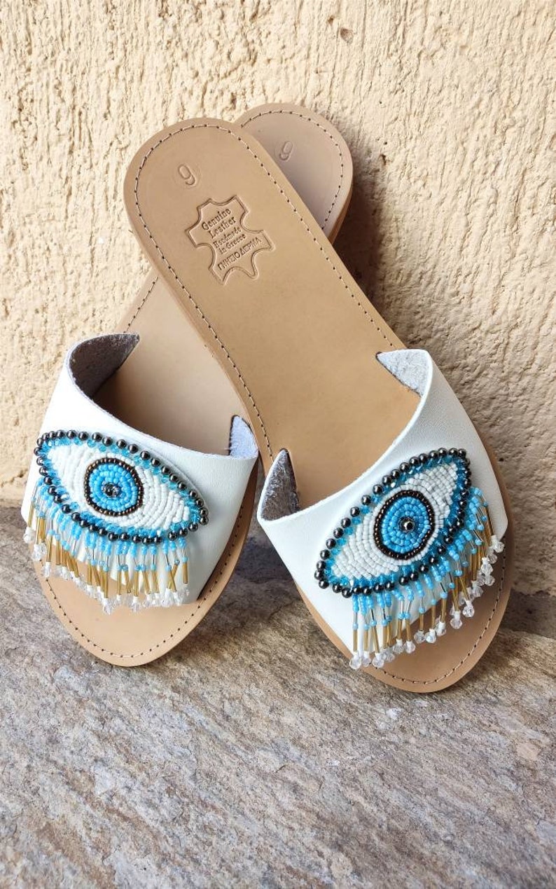 Evil Eye Sandals Beaded Eye Sandals Fringed Evil Eye Flats - Etsy