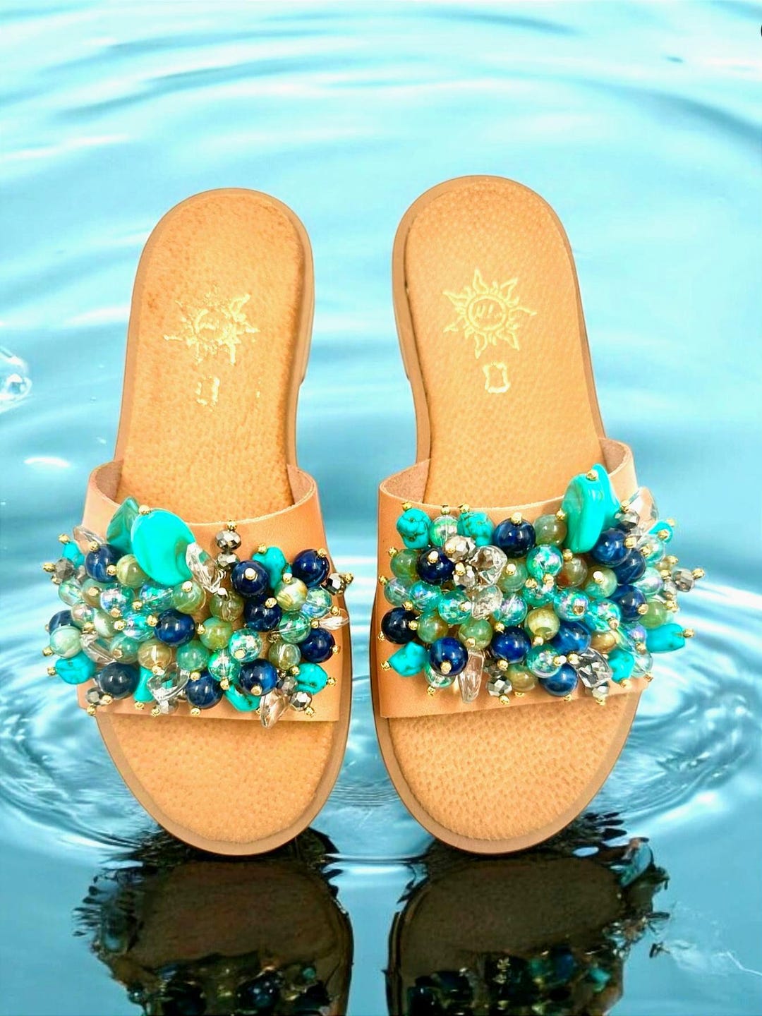 Leather Beaded Sandals: Turquoise, Seashell & Pearl Slides - Etsy