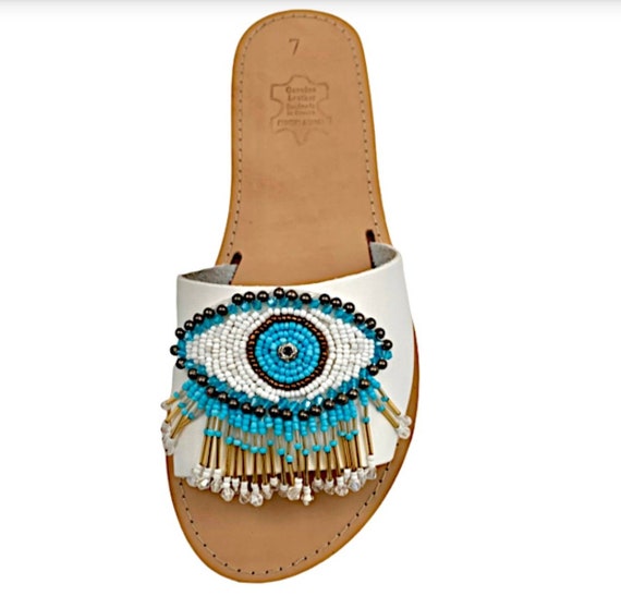 Evil Eye Sandals Beaded Eye Sandals Fringed Evil Eye Flats - Etsy