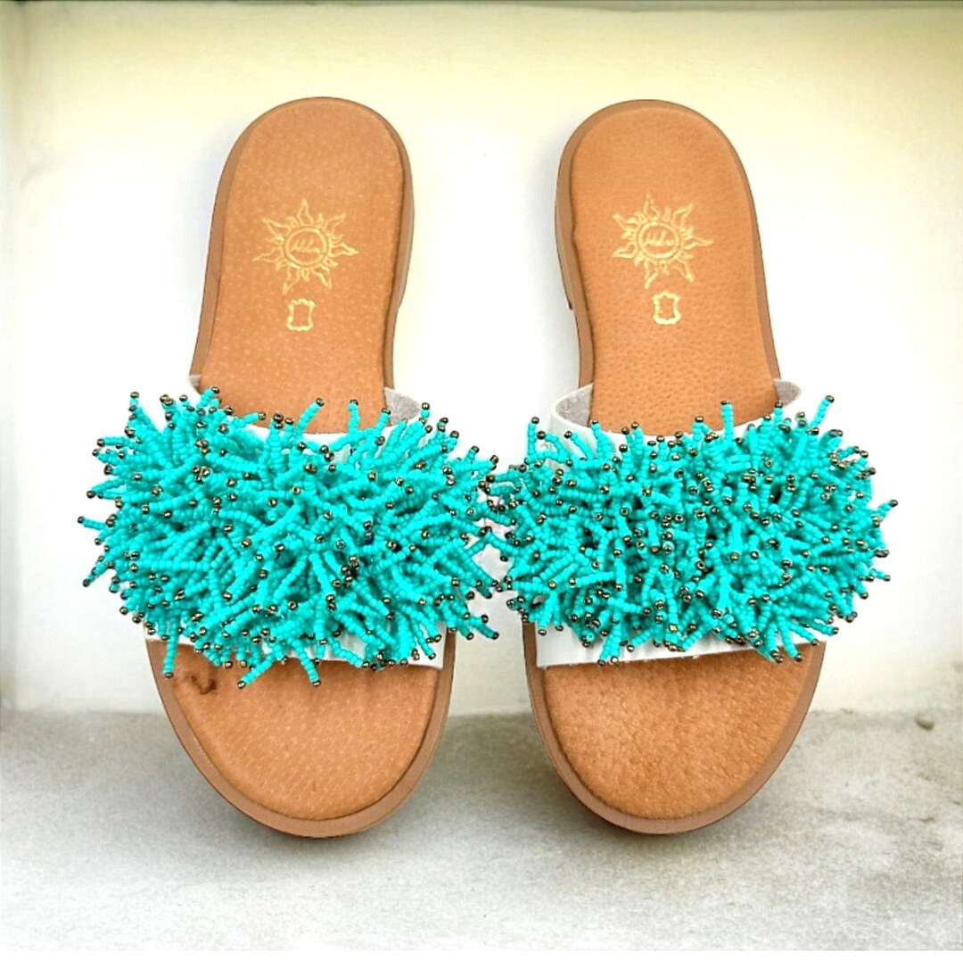 Turquoise Sandals Blue Seed Bead Sandals Decorated Slipon Sandals ...