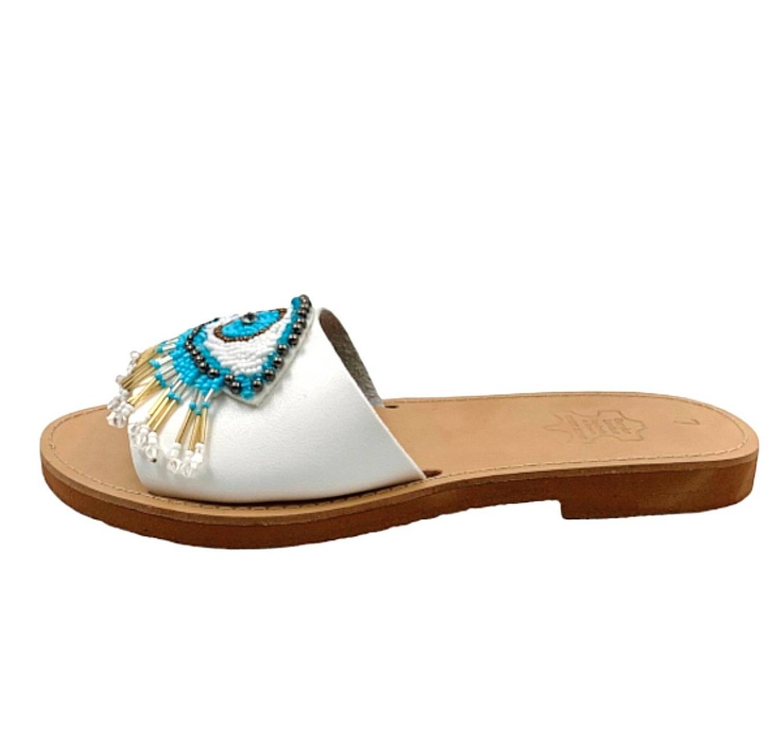 Evil Eye Sandals Beaded Eye Sandals Fringed Evil Eye Flats - Etsy