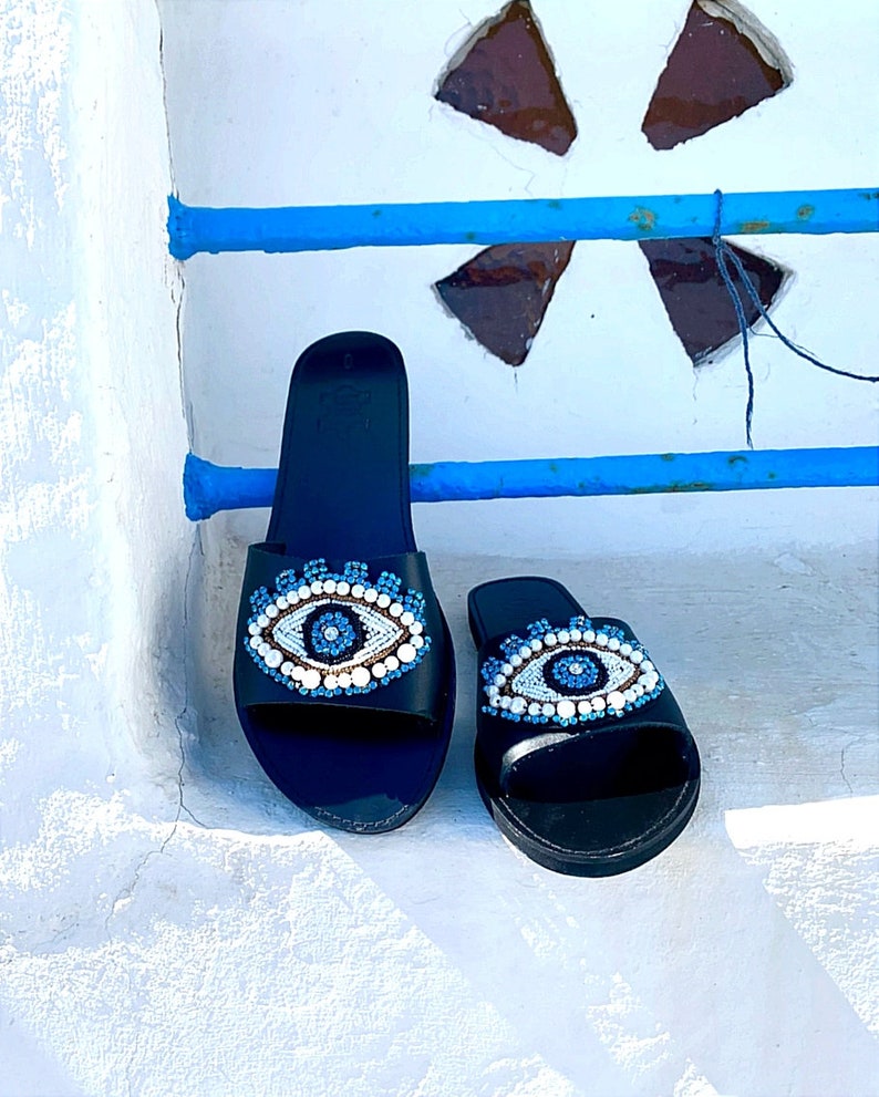 Black Evil Eye Sandals Leather Evil Eye Slippers Evil Eye Slip-on ...