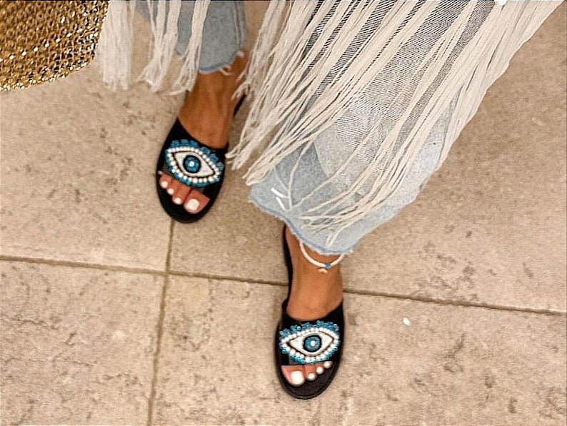Black Evil Eye Sandals Leather Evil Eye Slippers Evil Eye Slip-on ...
