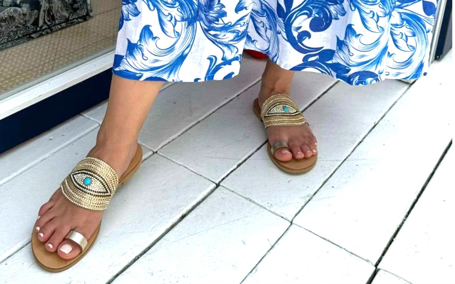 Evil Eye Flip Flops Gold Sandals Toe Ring Sandals Rhinestone Sandals ...