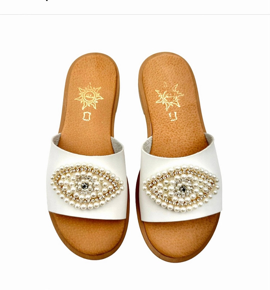 White Evil Eye Slippers, Anatomic Leather Sandals, Decorated Slides ...