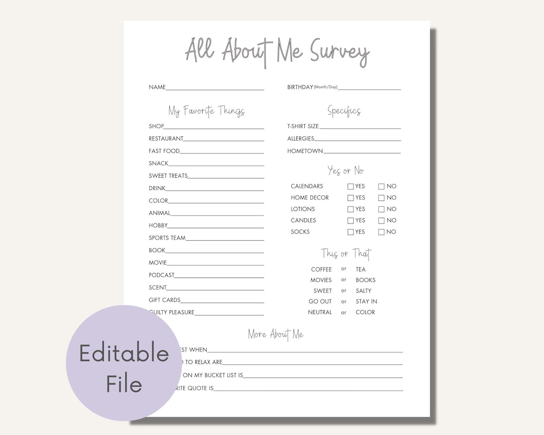 All About Me Survey Editable Printable, Getting to Know You, Coworker ...