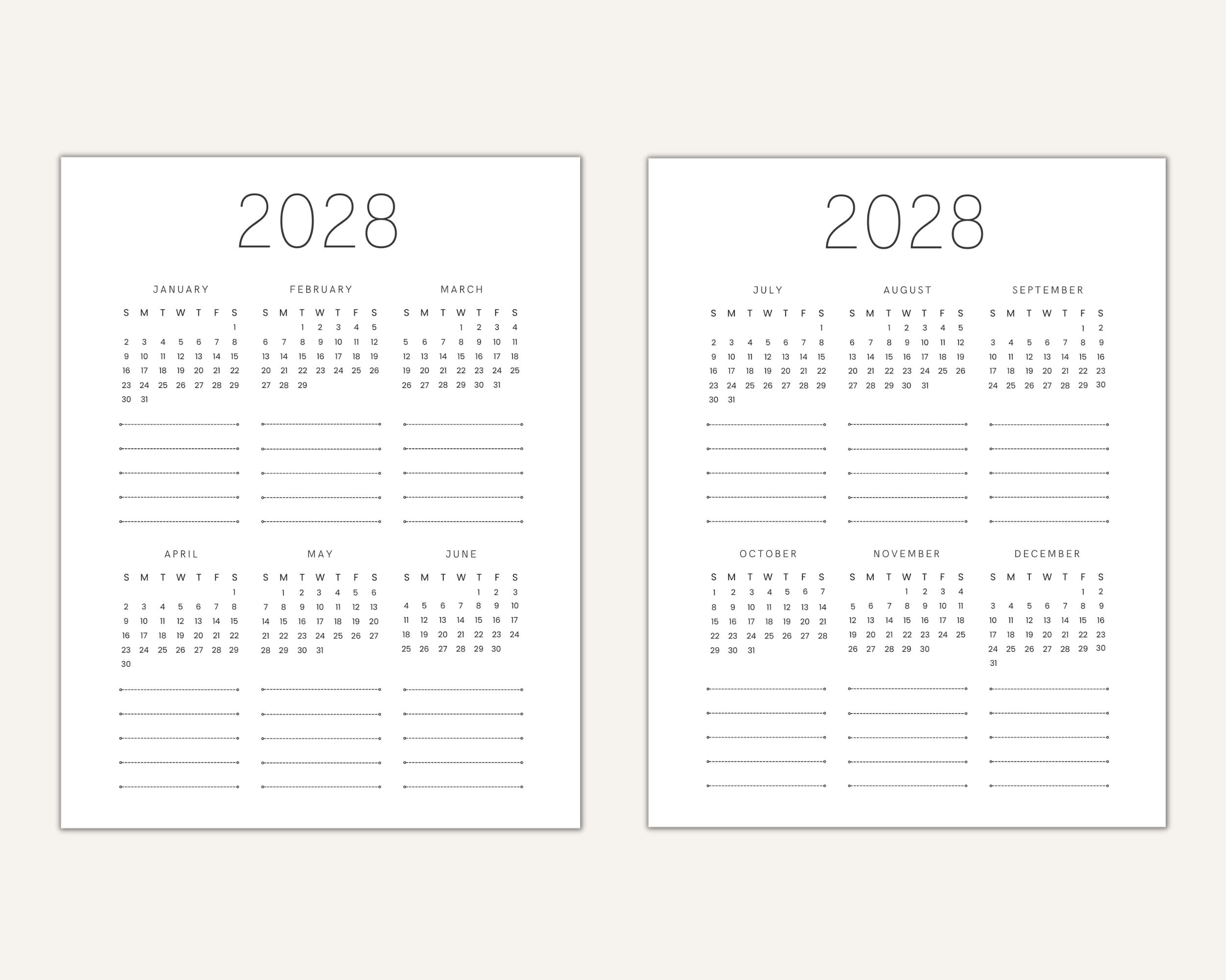 2024-2028 Year Calendar Printable, Two Page Yearly Planner, Year at a ...