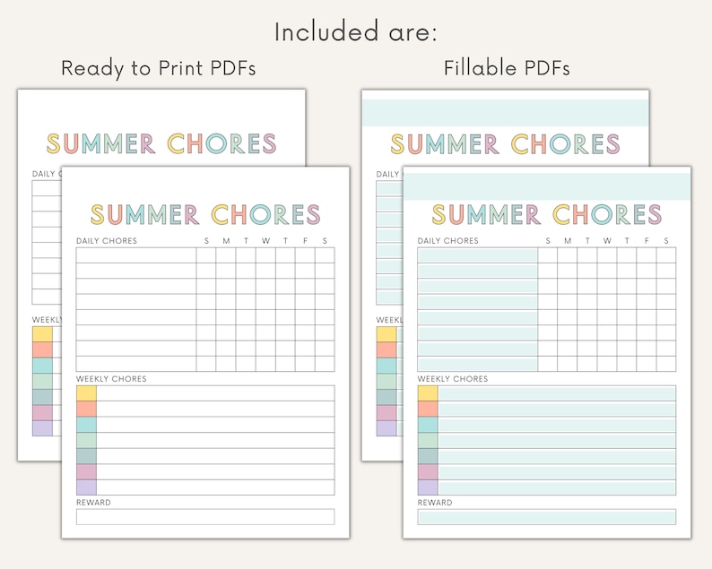Chore Chart for Kids Printable, Editable Daily Checklist, Summer Weekly ...