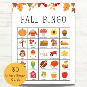 Fall Bingo Printable Game, 30 Fall Bingo Cards, Autumn Bingo, Fall ...