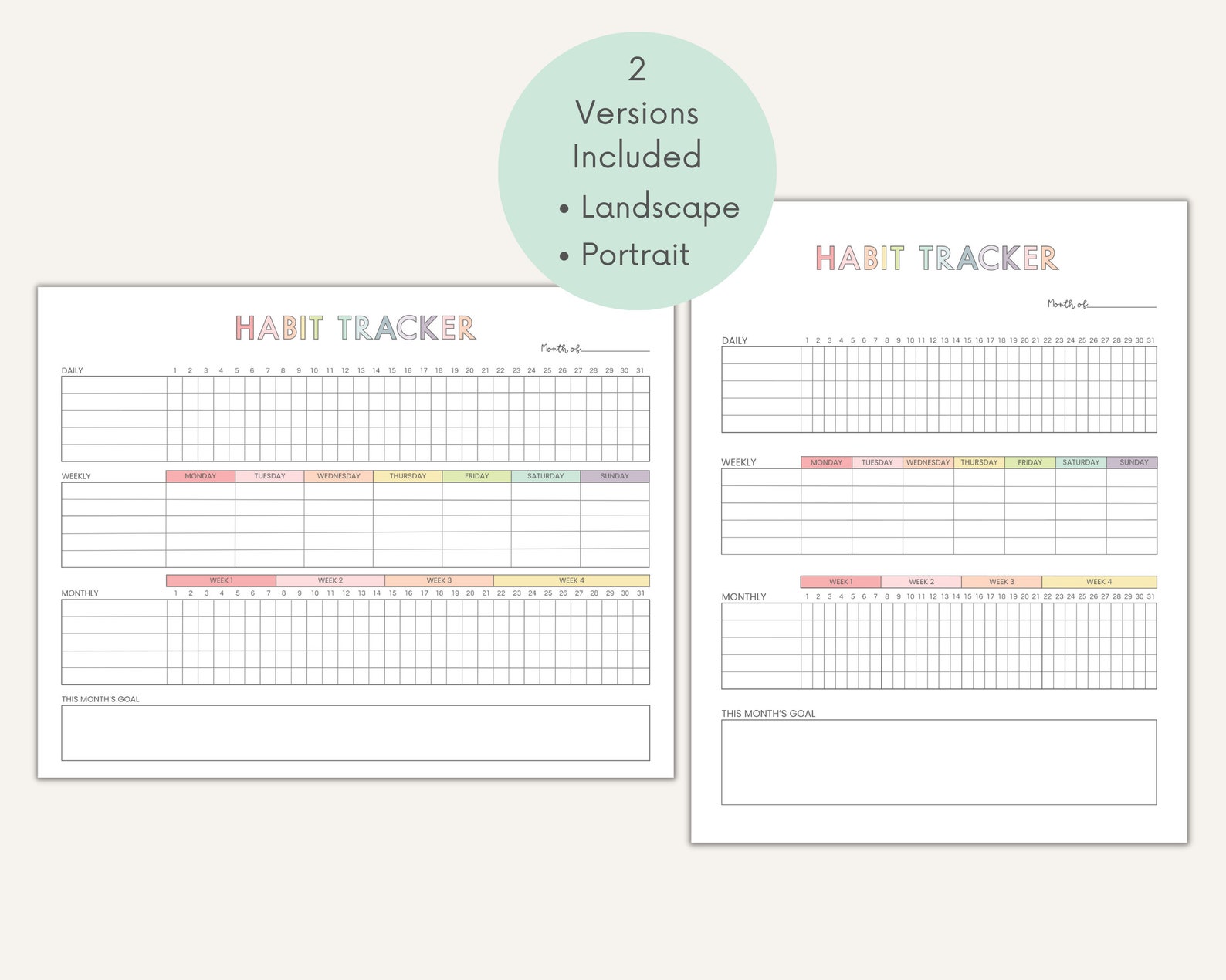 Habit Tracker Printable, Monthly Weekly Daily Habit Tracker, Goal Tracker Landscape, Routine ...