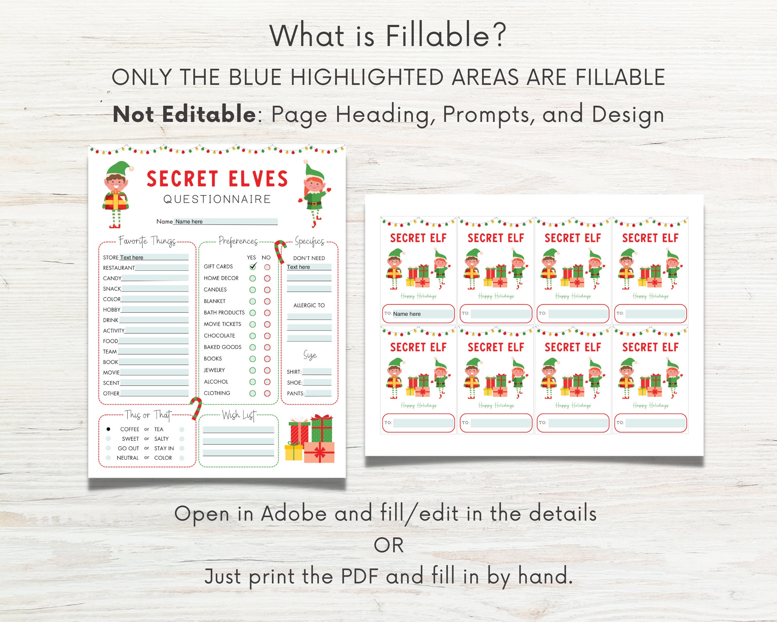 Secret Elves Questionnaire Printable, Secret Elf List, Office Gift ...
