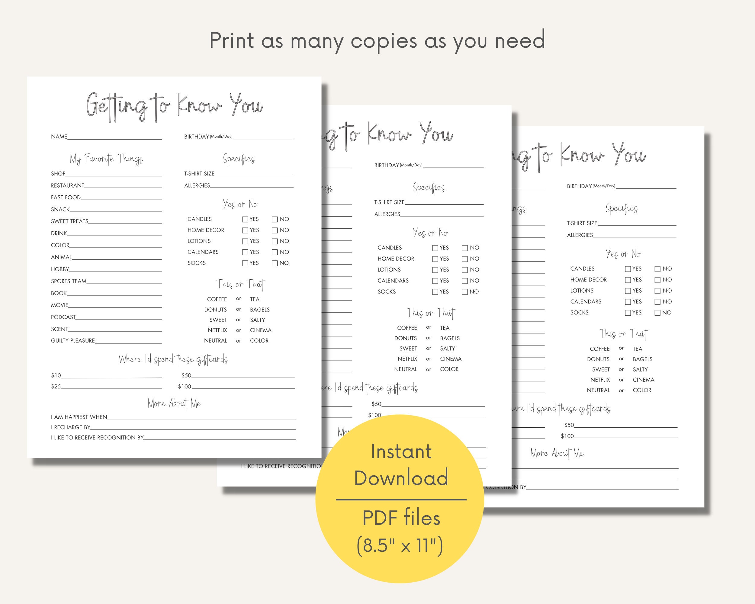 Getting to Know You Editable Printable, All About Me Survey, Employee ...