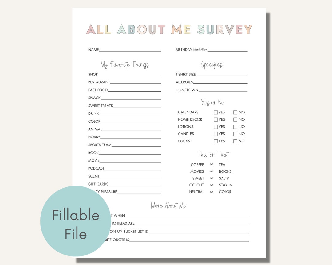 All About Me Survey Editable Printable, Getting to Know You, Coworker ...