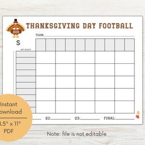 Football Squares Printable, Thanksgiving Football Printable Game, 25 ...