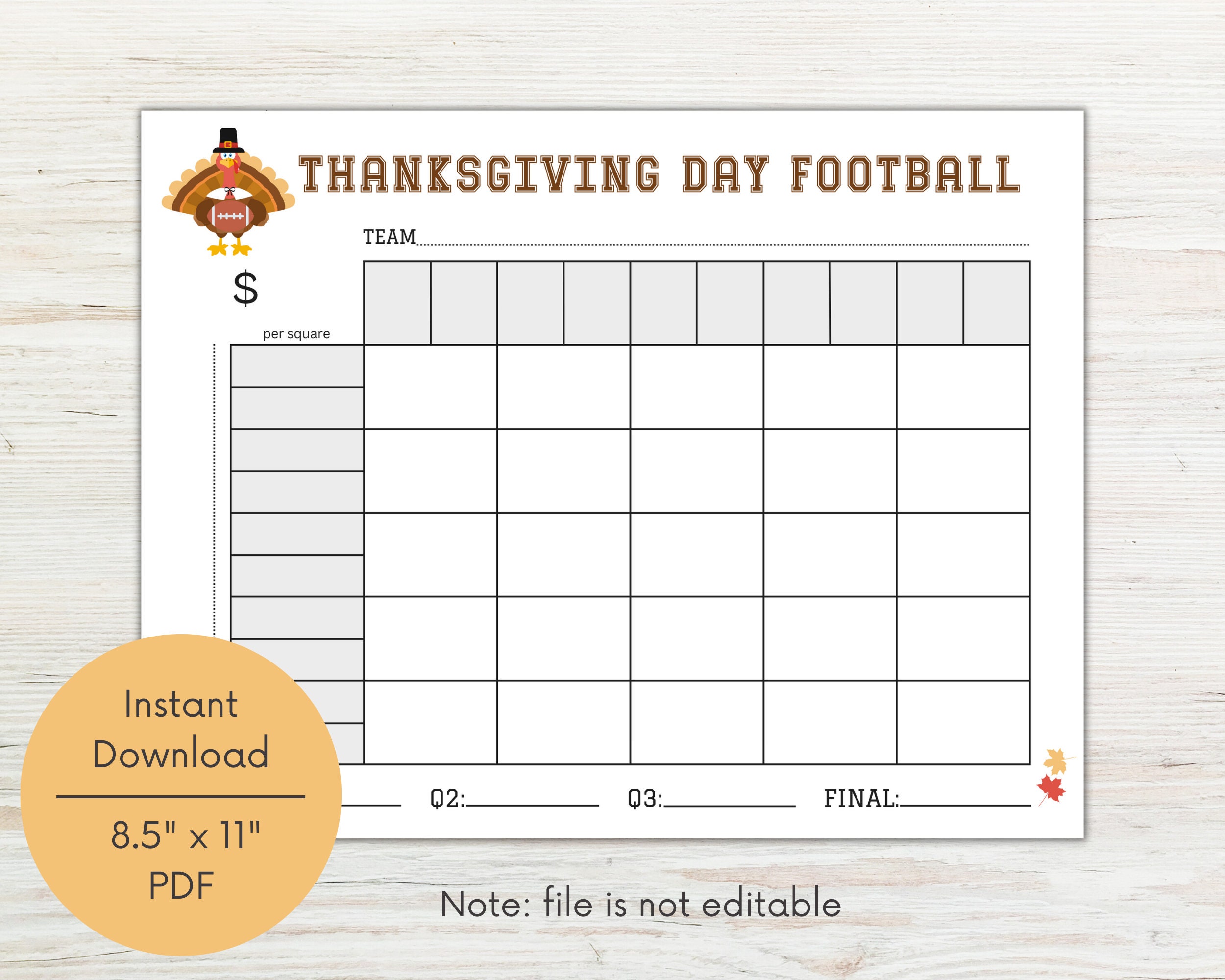 Football Squares Printable, Thanksgiving Football Printable Game, 25 ...