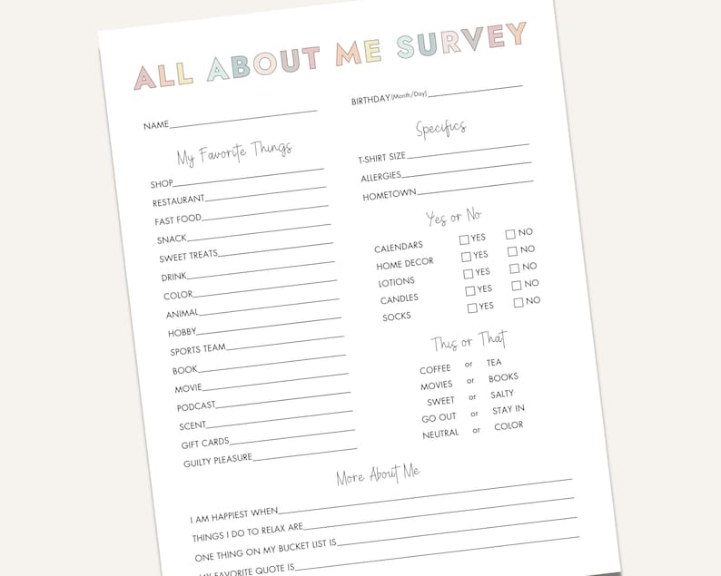 All About Me Survey Editable Printable Getting to Know You - Etsy