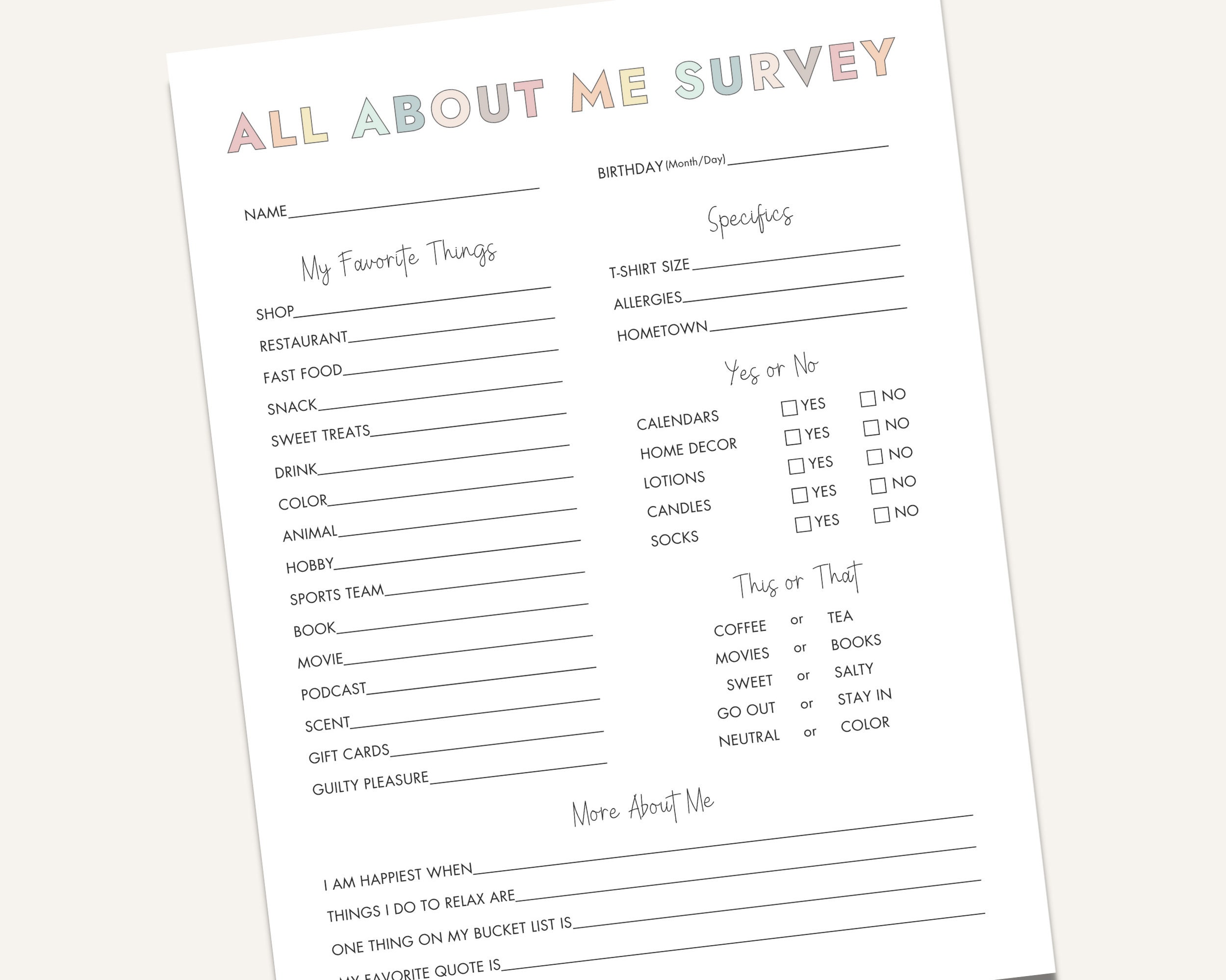 All About Me Survey Editable Printable Getting to Know You - Etsy