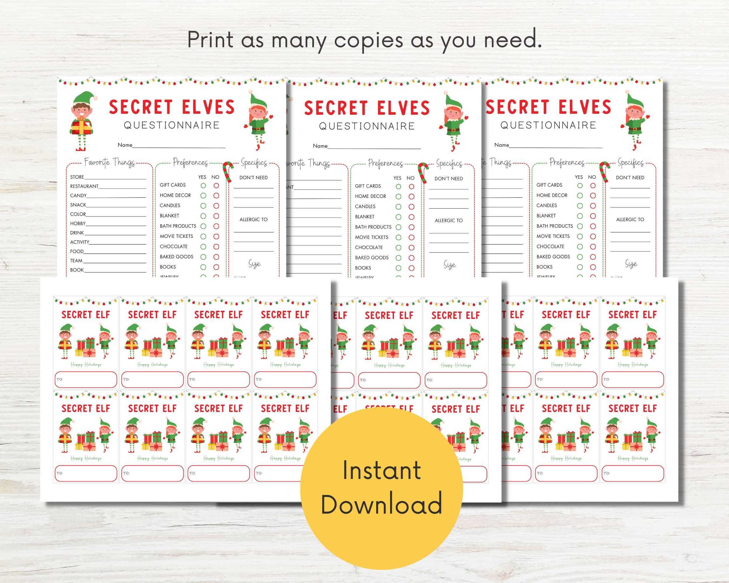Secret Elves Questionnaire Printable, Secret Elf List, Office Gift ...