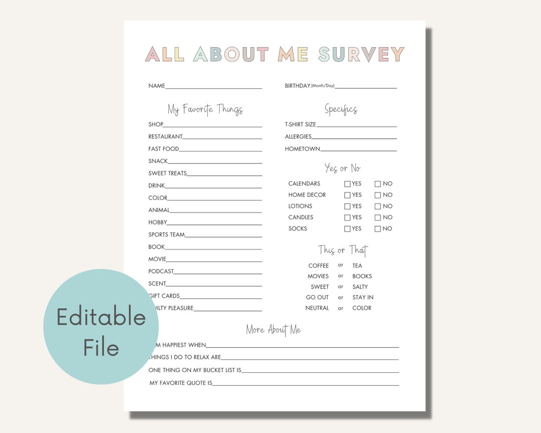 All About Me Survey Editable Printable Getting to Know You - Etsy
