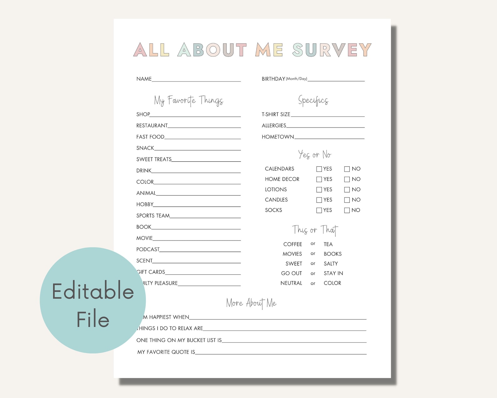 All About Me Survey Editable Printable Getting to Know You - Etsy