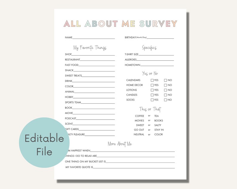 All About Me Survey Editable Printable Getting to Know You - Etsy Israel