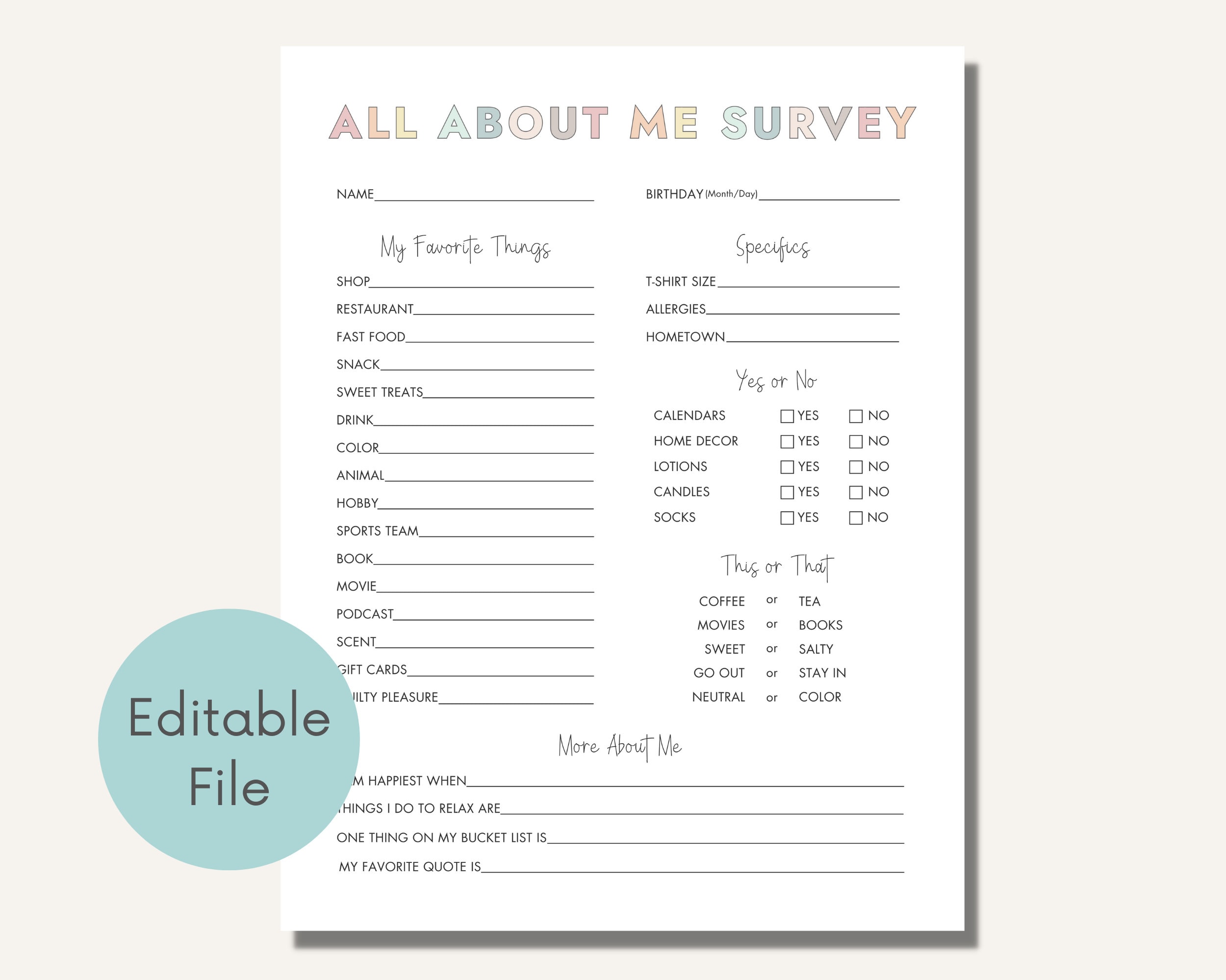 All About Me Survey Editable Printable Getting to Know You - Etsy