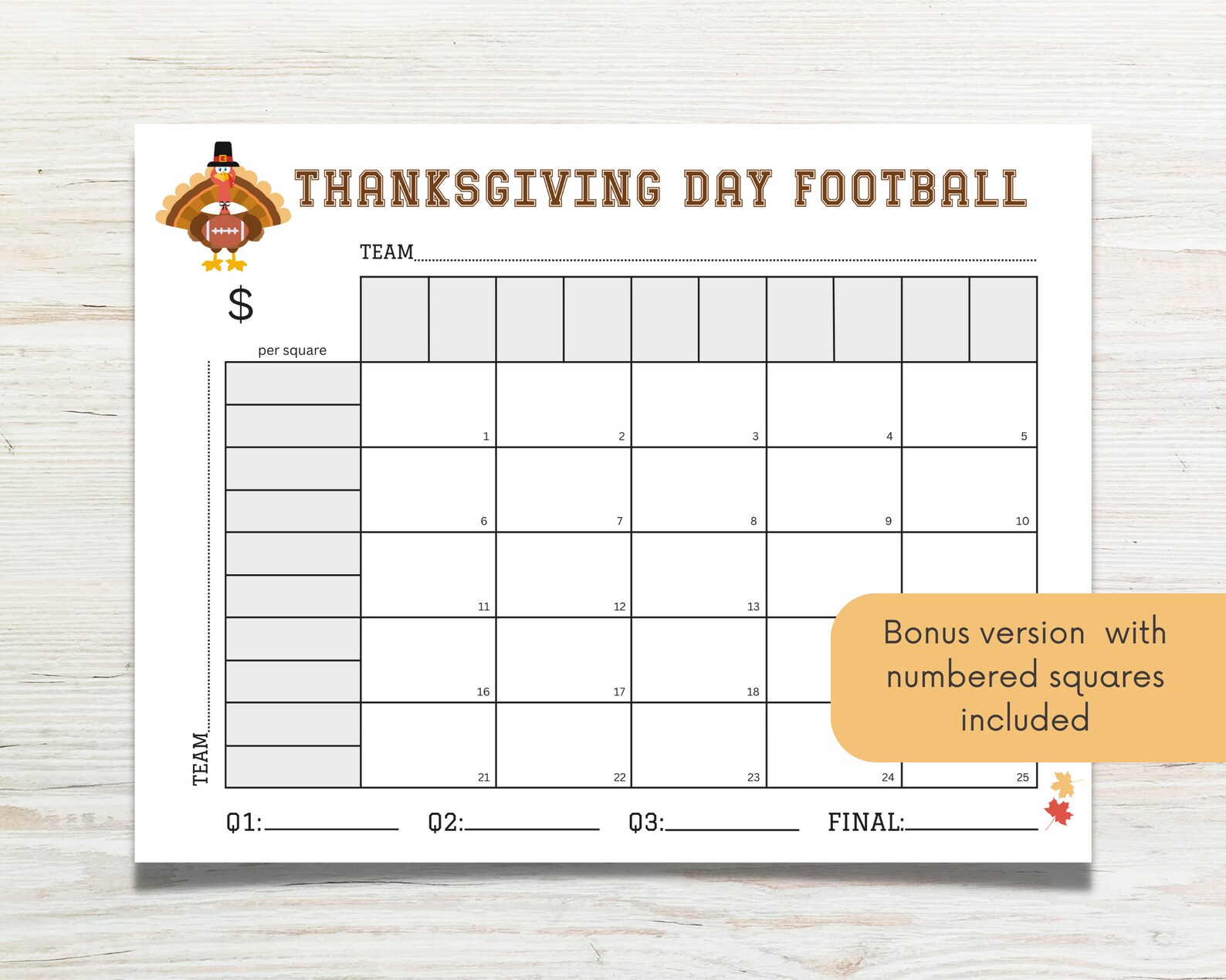 Football Squares Printable, Thanksgiving Football Printable Game, 25 ...