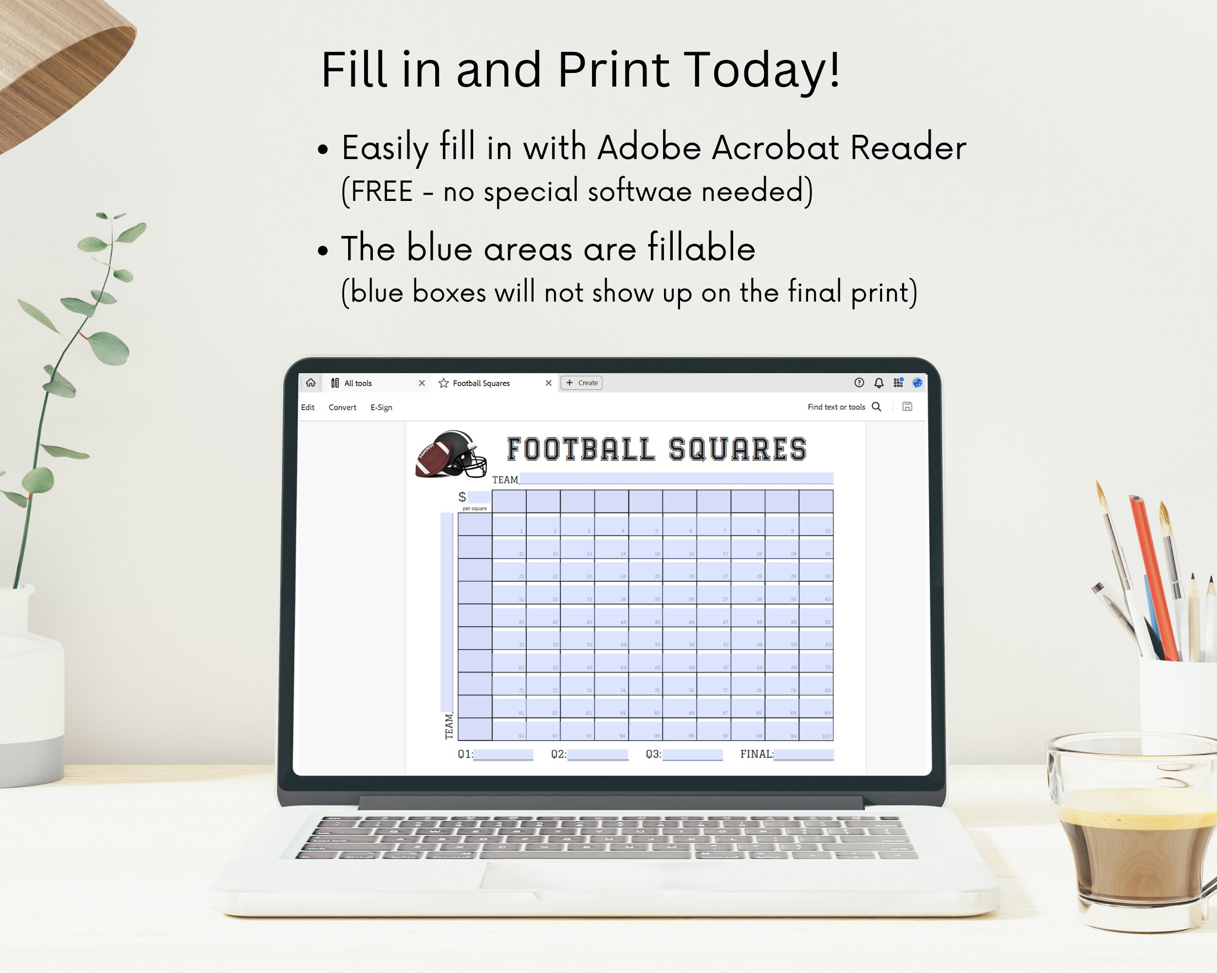 Football Squares Editable Printable, Football Square Fundraiser, 100 ...