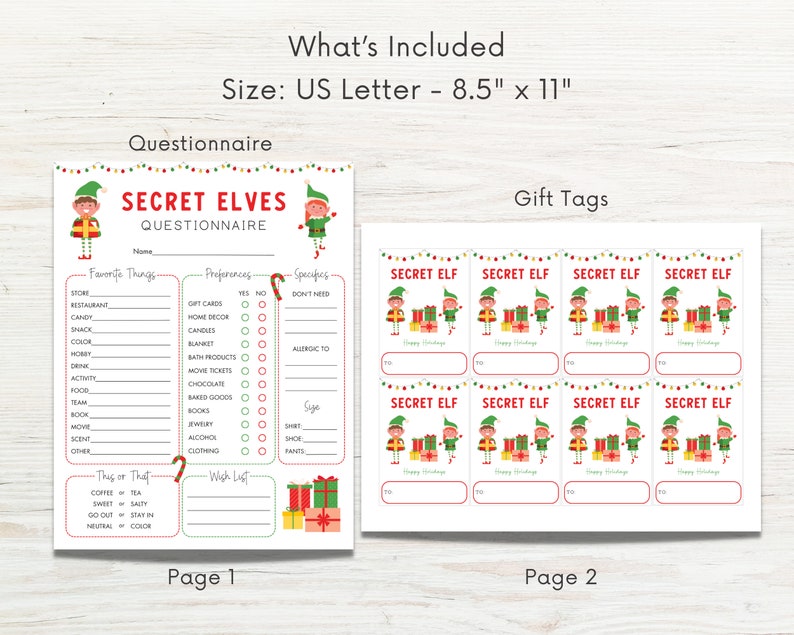 Secret Elves Questionnaire Printable, Secret Elf List, Office Gift ...
