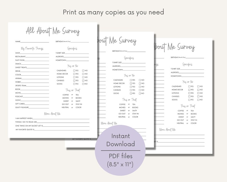 All About Me Survey Editable Printable, Getting to Know You, Coworker ...