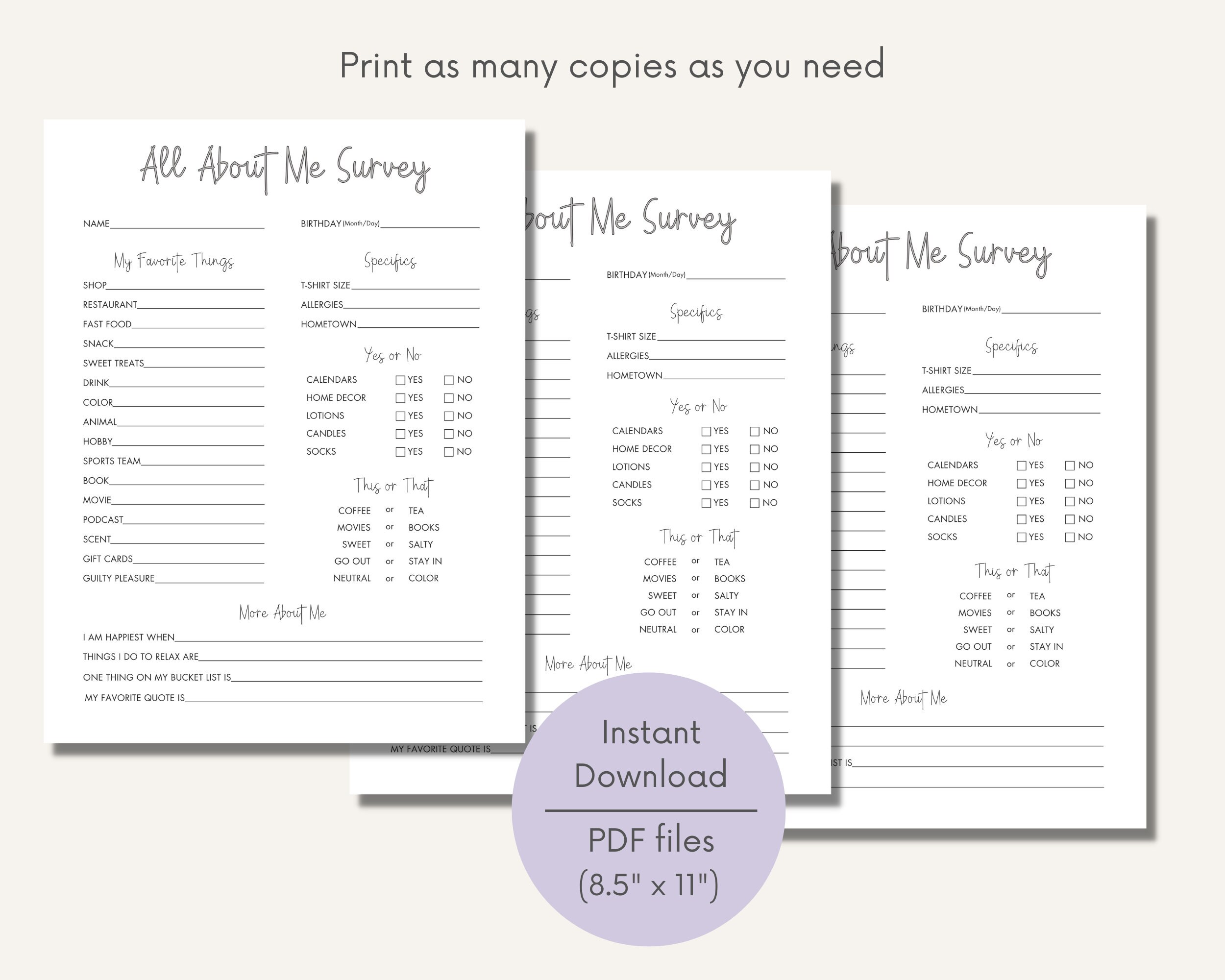 All About Me Survey Editable Printable, Getting to Know You, Coworker ...