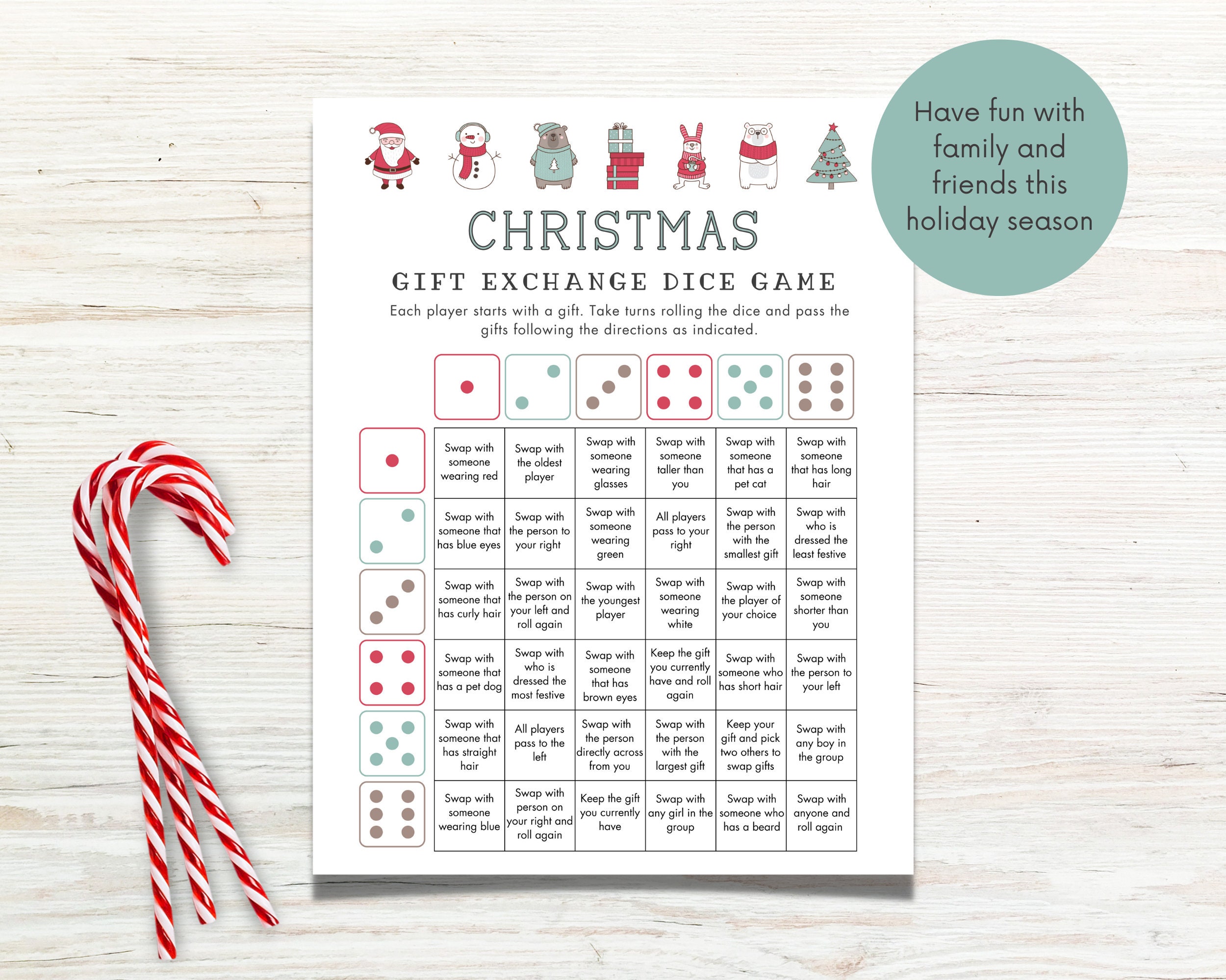 Christmas Gift Exchange Dice Game Printable, Roll the Dice Holiday Gift ...