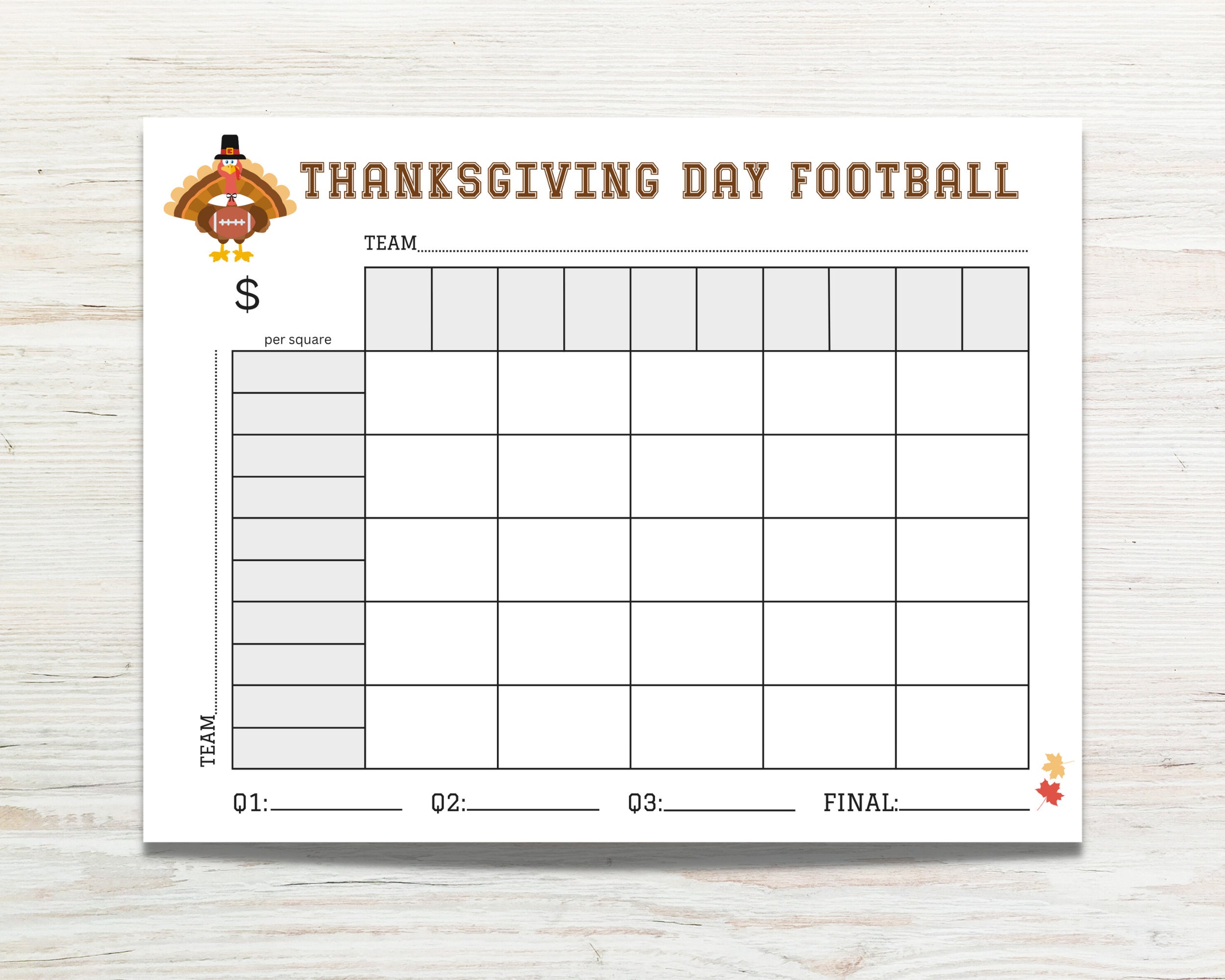 Football Squares Printable, Thanksgiving Football Printable Game, 25 ...