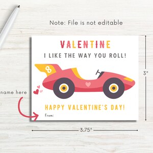 Race Car Valentine Card Printable, Classroom Valentine's Day Cards for ...