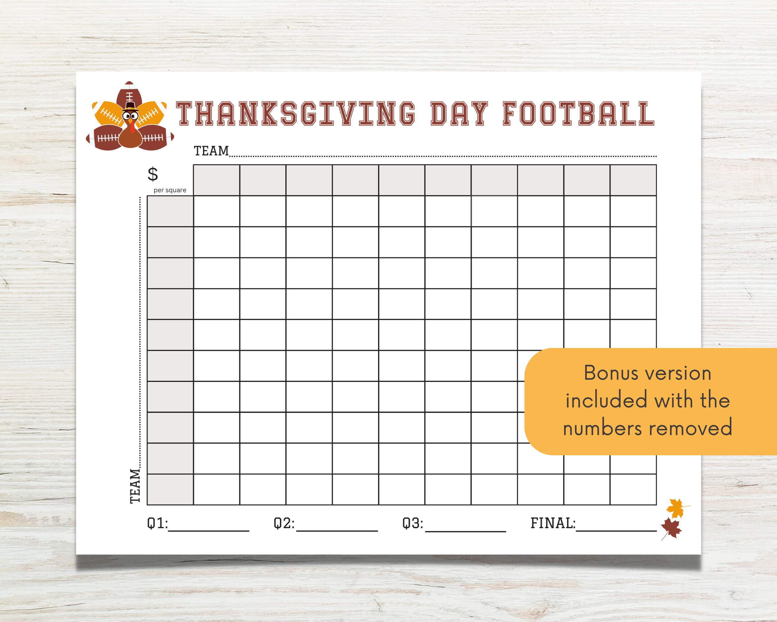 Football Squares Game, Thanksgiving Day Game Football Squares ...