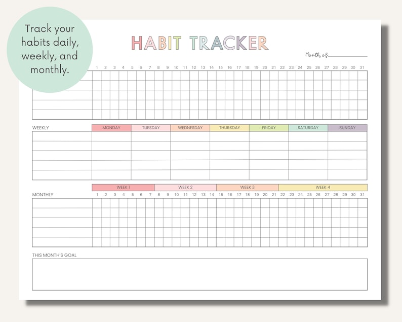 Habit Tracker Printable, Monthly Weekly Daily Habit Tracker, Goal ...