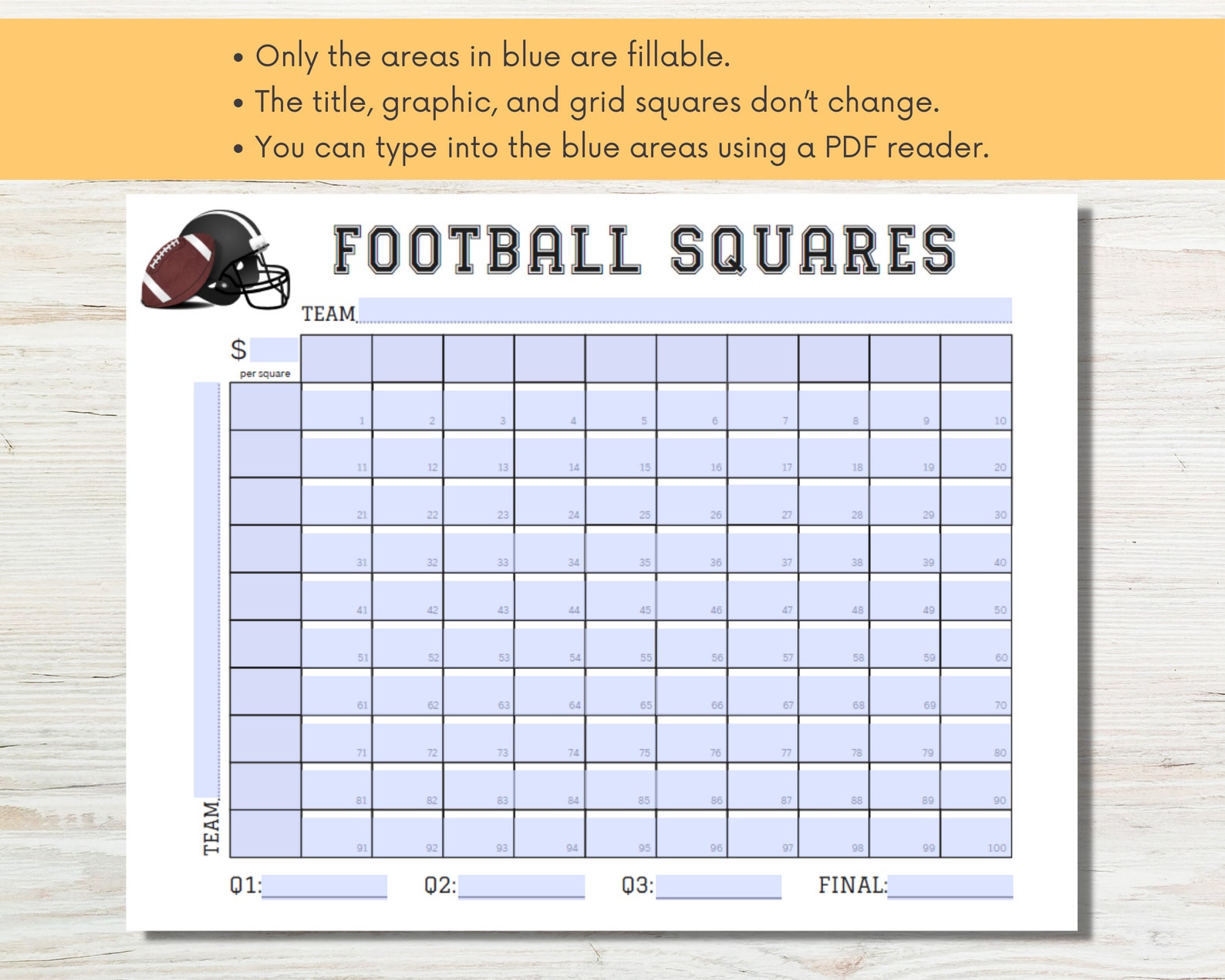 Football Squares Editable Printable, Football Square Fundraiser, 100 ...