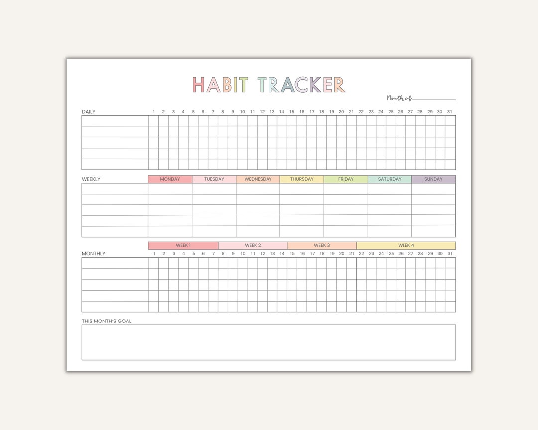 Habit Tracker Printable, Monthly Weekly Daily Habit Tracker, Goal ...