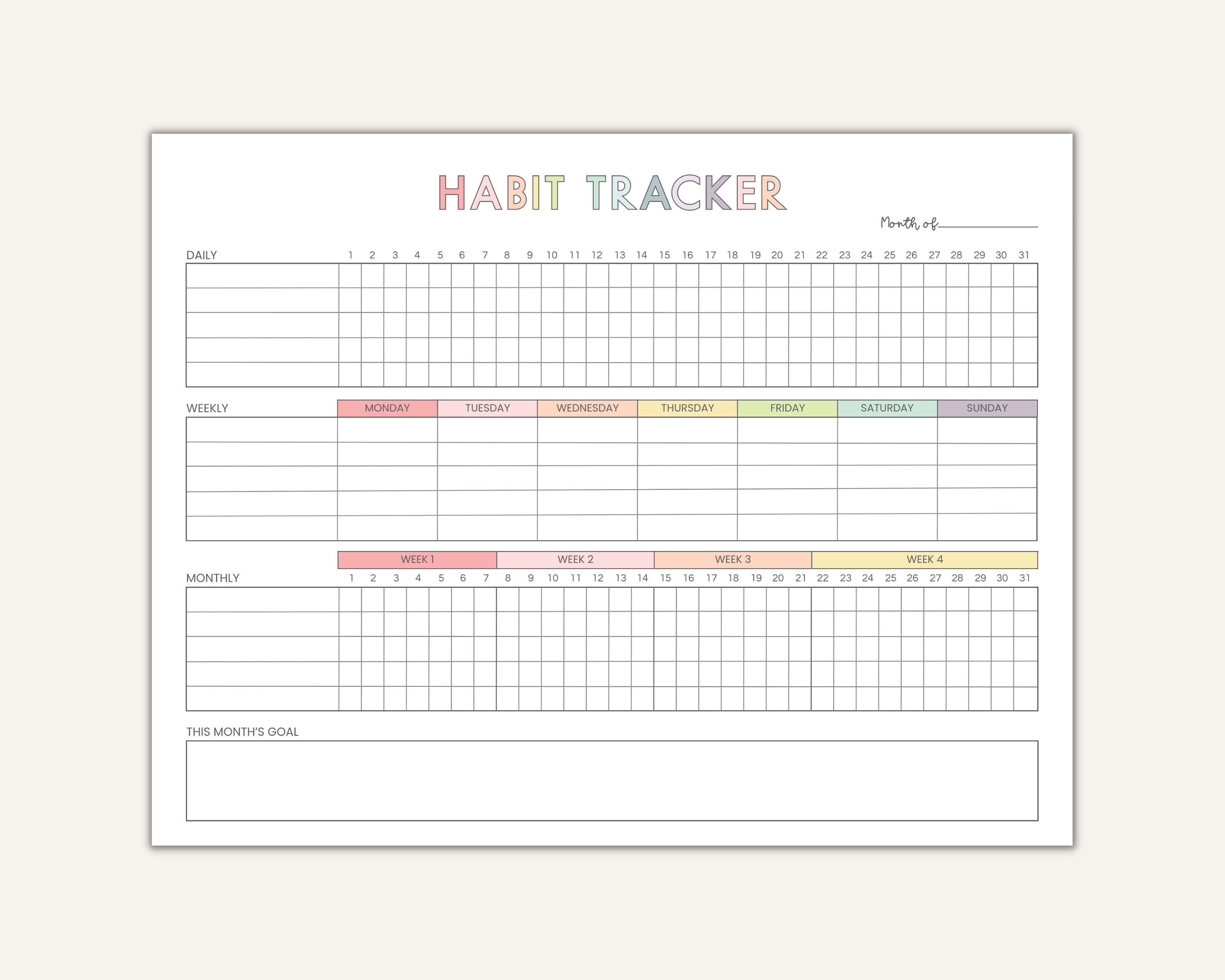Habit Tracker Printable Monthly Weekly Daily Habit Tracker - Etsy