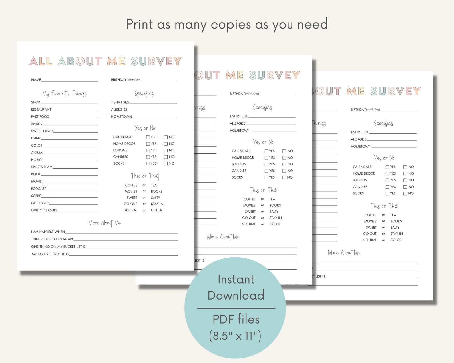 All About Me Survey Editable Printable, Getting to Know You, Coworker ...