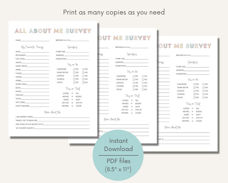 All About Me Survey Editable Printable Getting to Know You - Etsy Israel