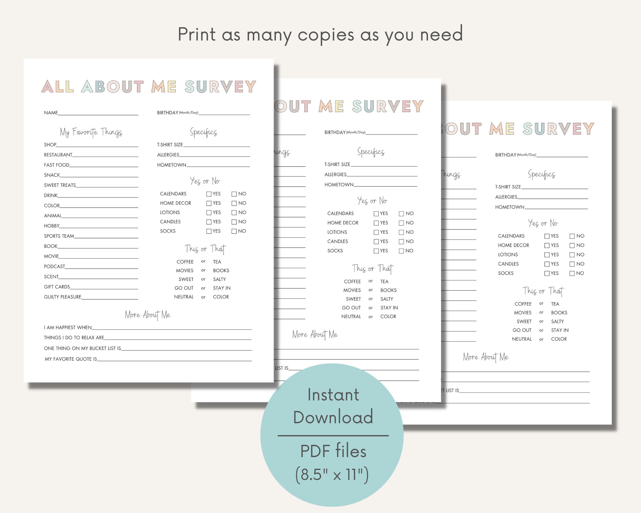 All About Me Survey Editable Printable Getting to Know You - Etsy UK