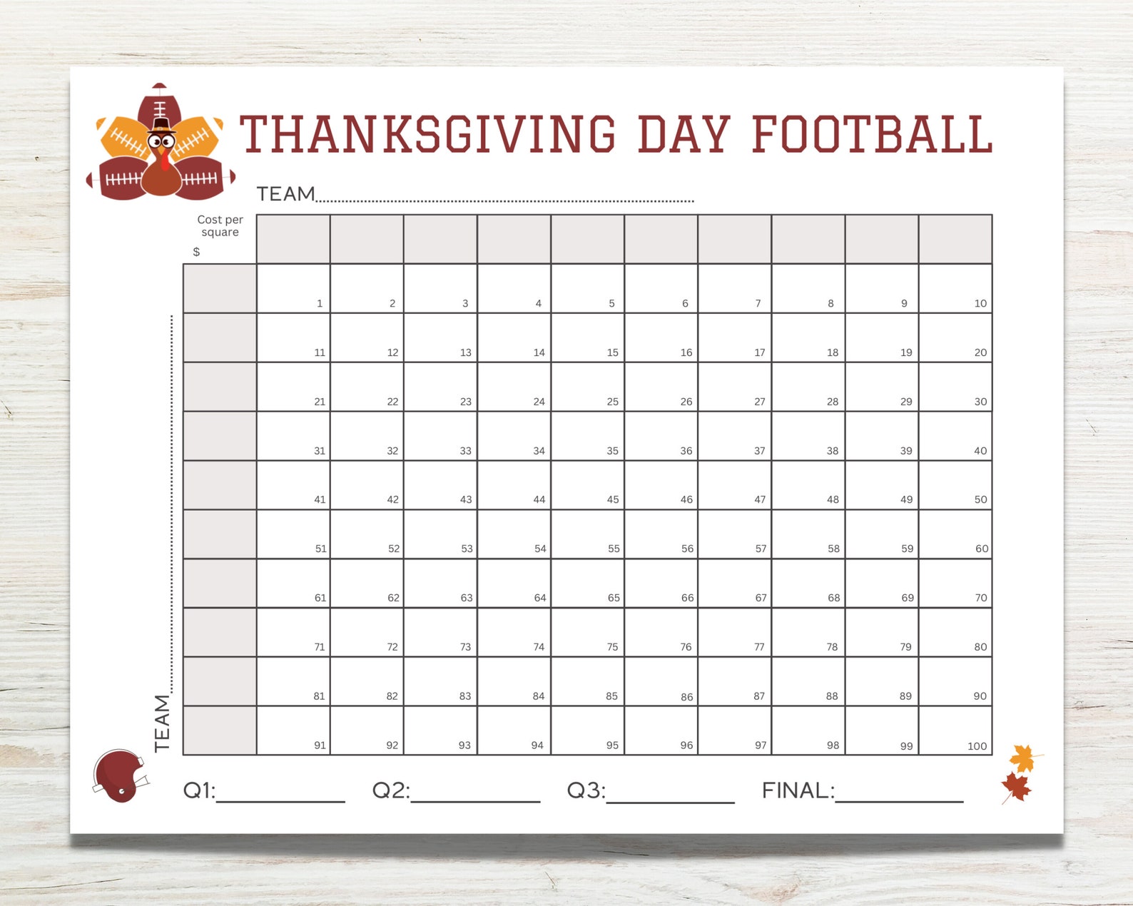 Football Squares Game Thanksgiving Day Game Football Squares - Etsy