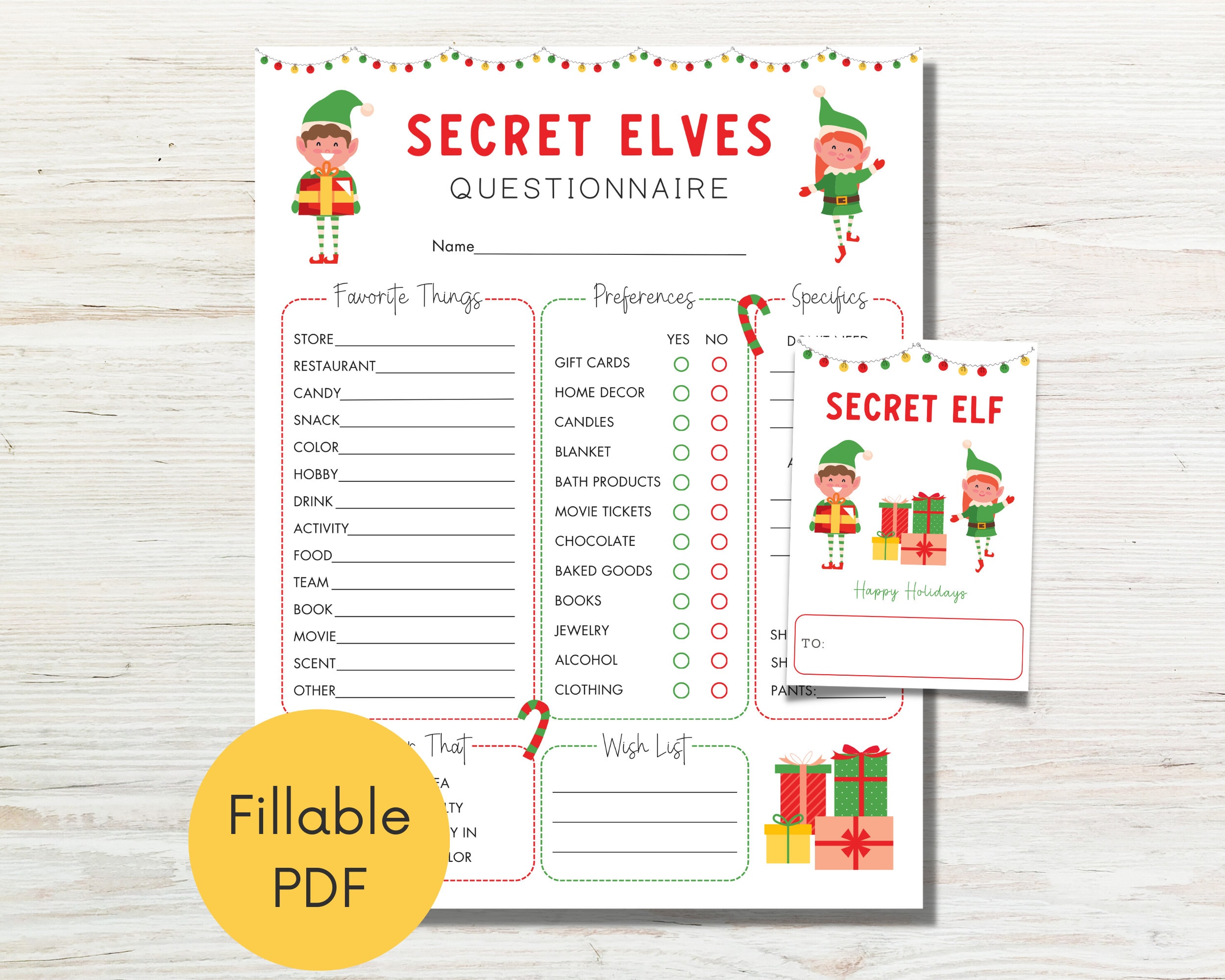 Secret Elves Questionnaire Printable, Secret Elf List, Office Gift ...