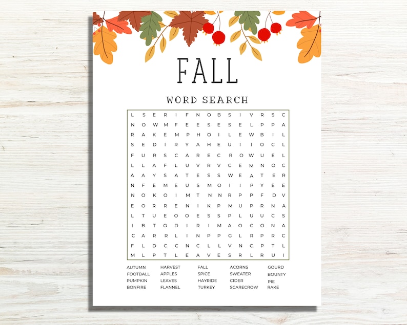 Fall Word Search Printable Autumn Word Search Printable Fall - Etsy