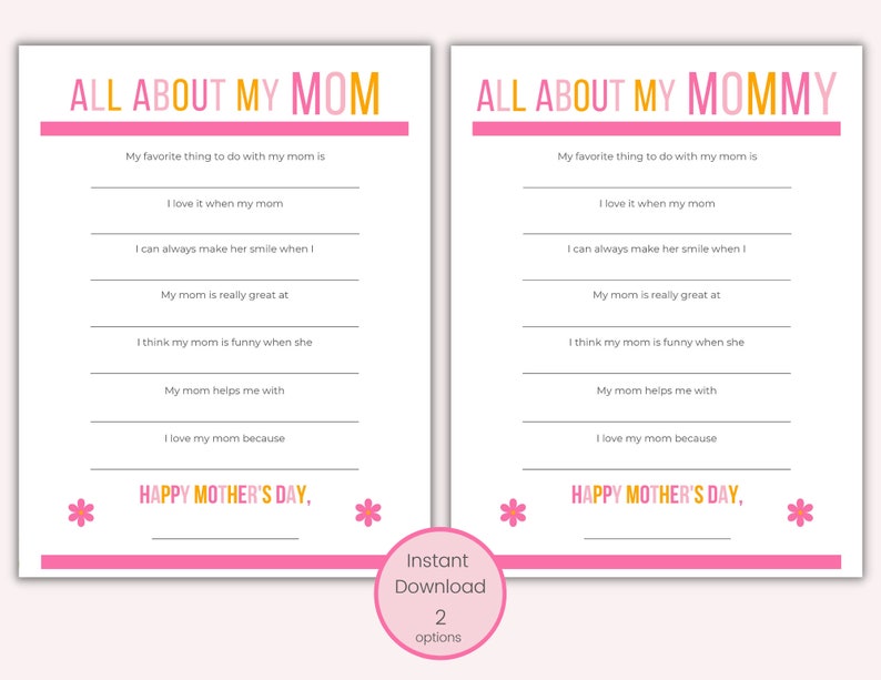 All About My Mom Printable Mommy Mothers Day Questionnaire - Etsy